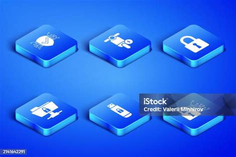 사이버 보안 잠금 장치가 있는 Usb 플래시 드라이브 Ftp 폴더 및 전기 스쿠터 및 잠금 아이콘을 설정합니다 벡터 3차원 형태에 대한 스톡 벡터 아트 및 기타 이미지