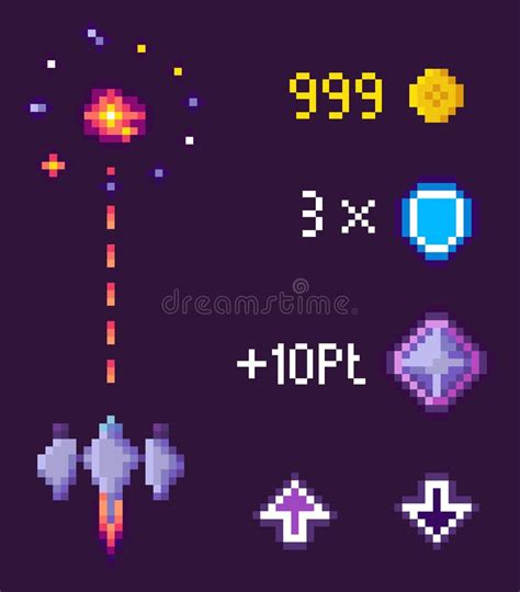 Space Game Pixel Art Aliens And Spaceship Icons Stock Vector