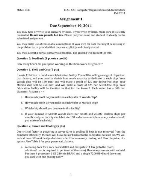Assignment 1 Ecse 425 â Computer Organization And Architecture