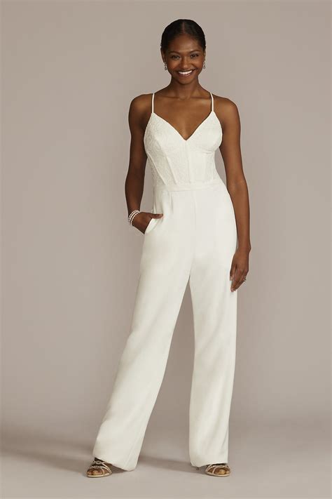 Lace Bodice Spaghetti Strap Wedding Jumpsuit Davids Bridal