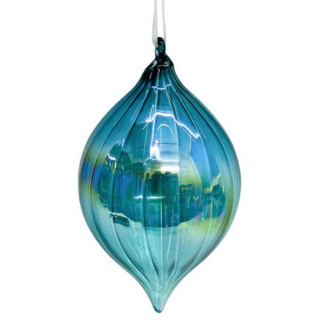 Teal Iridescent Ribbed Glass Teardrop Christmas Bauble Decoration