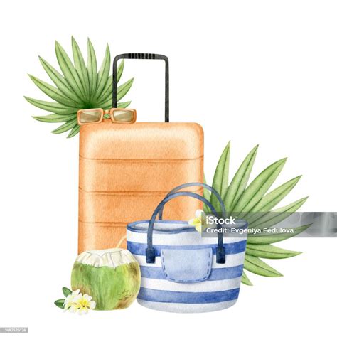 오렌지 여행 가방 줄무늬 비치 백 선글라스 코코넛 칵테일 열대 야자 잎 관광 여름 방학 수채화 그림입니다 격리 엽서 마케팅