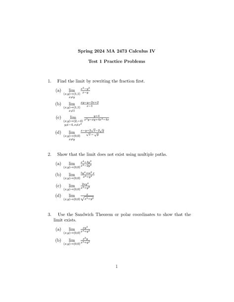 Practice Problems For Test 1 Spring 2024 Ma 2473 Calculus Iv Test 1