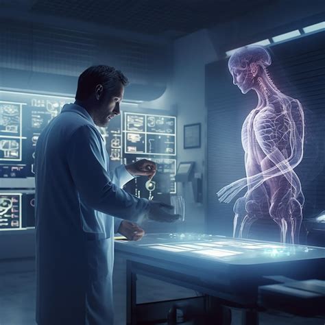 Premium Ai Image A Man In A Lab Coat Is Looking At A Skeleton With