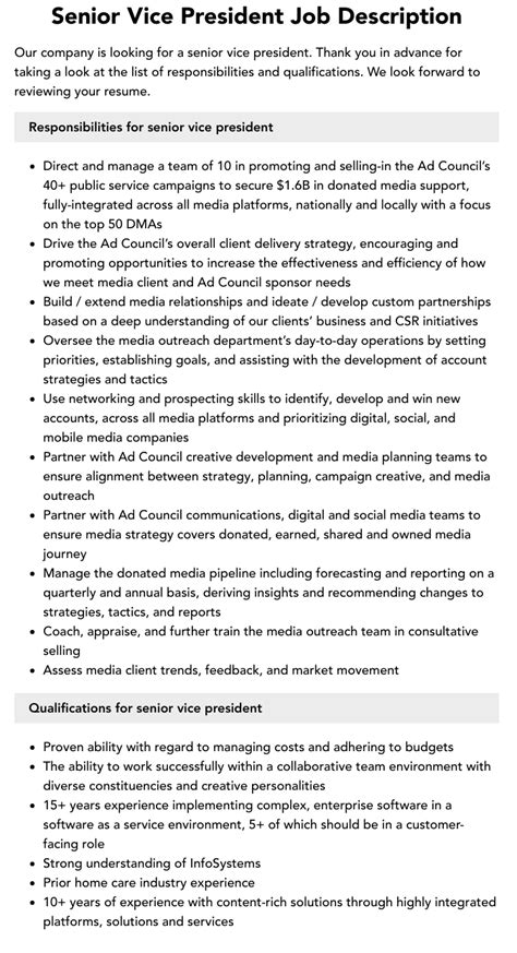 Senior Vice President Job Description Velvet Jobs