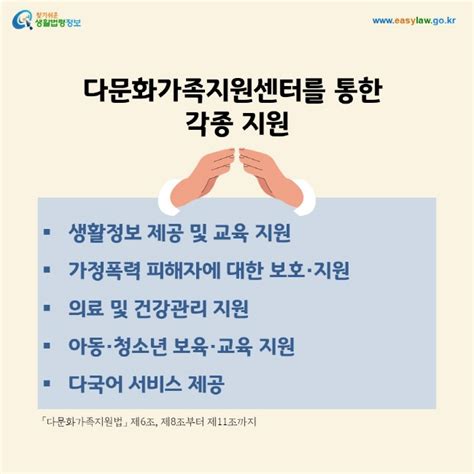 카드뉴스 다문화가족 다문화가족이 대한민국에서 생활하는데 필요한 지원을 받을 수 있는 곳이 있나요 찾기쉬운 생활법령정보