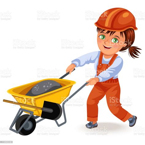 헬멧 및 유니폼에 강한 여성 빌더 시멘트와 건설 수레를 롤 강한 여자는 열심히 작품 건물 외관에 대한 스톡 벡터 아트 및 기타 이미지 건물 외관 건설 산업 공사장