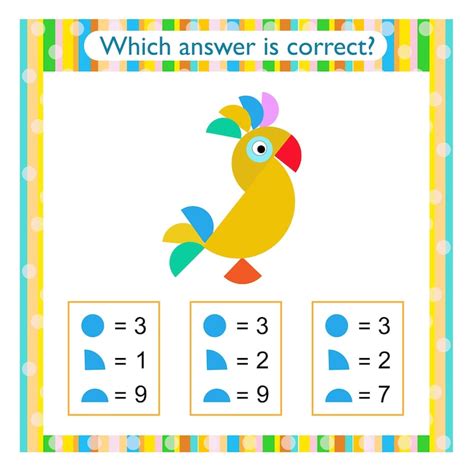 아이들을 위한 수학 활동 올바른 답을 찾아야 합니다 만화 무새의 터 일러스트레이션 프리미엄 벡터