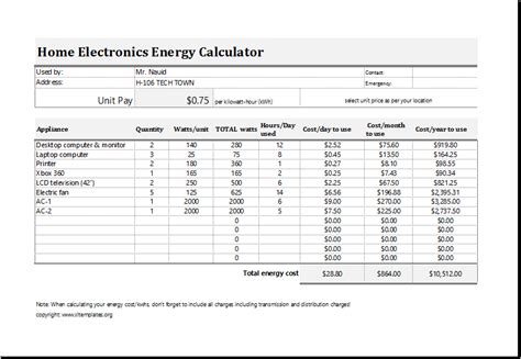 Electric Energy Cost Calculator Template For Excel Save