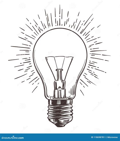 Vintage Light Bulb In Engraving Style Hand Drawn Retro Lightbulb With