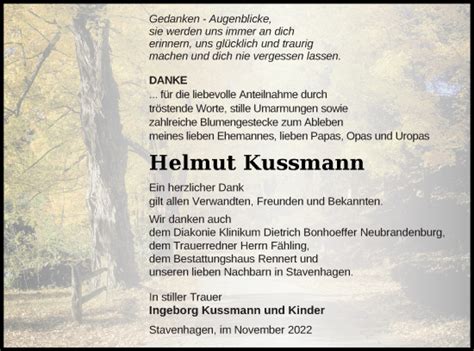 Traueranzeigen Von Helmut Kussmann Trauer Nordkurier