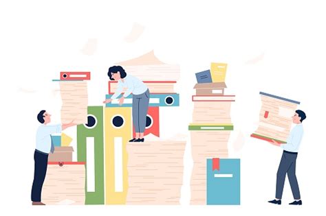 서류 작업 개념 관료주의 현장 서류 및 폴더 더미로 작업하는 사무원 오버로드 문서 관리자 비즈니스 최근 벡터 문자 개념에 대한 스톡 벡터 아트 및 기타 이미지 Istock