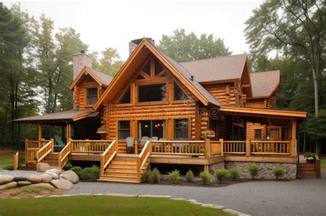 Log Cabin House With Wrap Around Porch Swing And Lanterns Stock