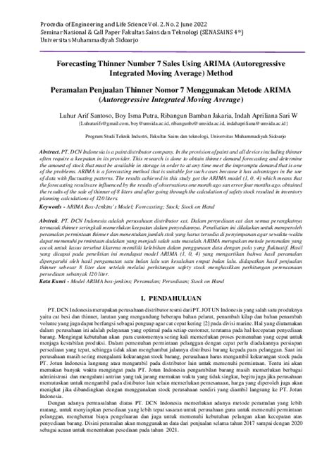Pdf Forecasting Thinner Number 7 Sales Using Arima Autoregressive Integrated Moving Average