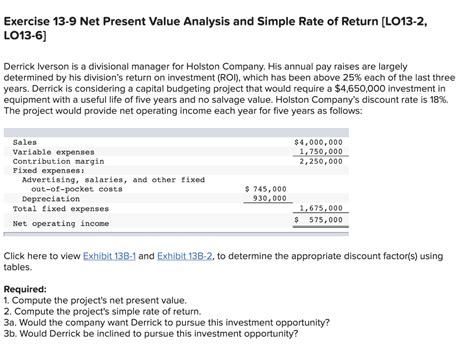 Solved Exercise 13 9 Net Present Value Analysis And Simple