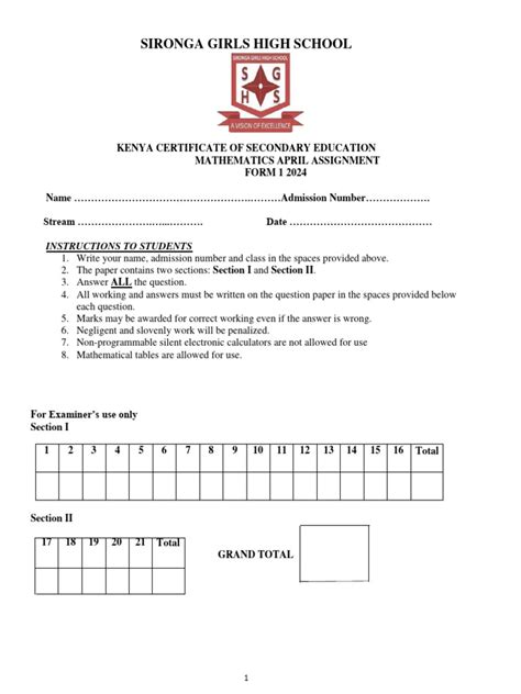 mathematics form 1 april assignment qs pdf arithmetic mathematics