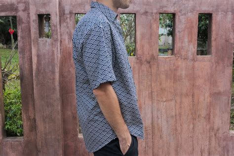 Men S Navy Blue Summer Short Sleeve Shirt Button Down Japanese Seigaiha Wave Pattern L XL Etsy