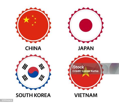 중국어 일본어 한국어 베트남어 스티커 4개 세트 중국산 일본제 한국제 베트남산 흰색 배경에 격리 된 플래그가있는 간단한 아이콘