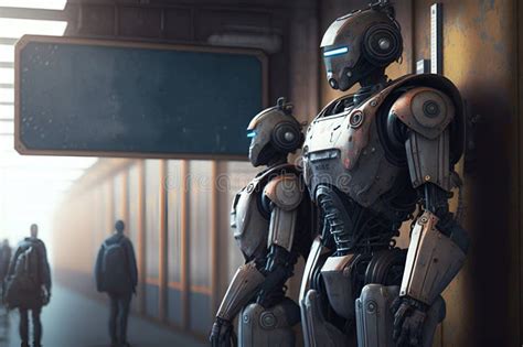 humanoid robots at a public transport stop generative ai stock