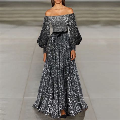 Sexy Slash Neck Off Shoulder Maxi Dress Women Elegant Lantern Sleeve
