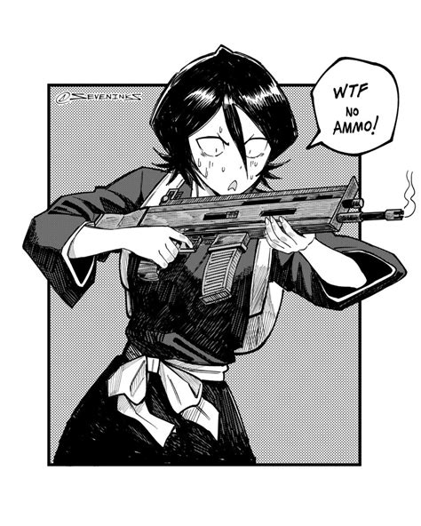 Seveninks Kuchiki Rukia Bleach Fortnite Highres 1girl Artist Name Assault Rifle Backpack