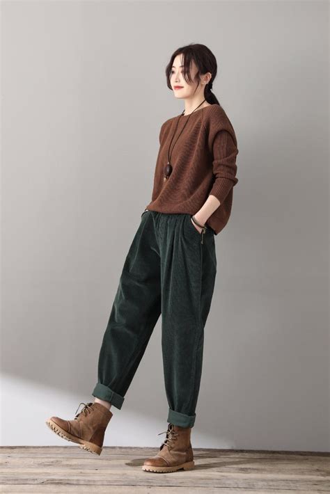 Casual Corduroy Harem Pants Womens Tapered Pants Elastic Waist