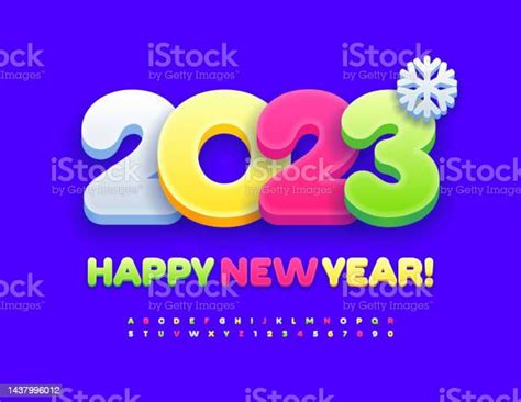벡터 밝은 인사말 카드 새해 복 많이 받으세요 2023 다채로운 알파벳 문자와 숫자 세트 12월 31일에 대한 스톡 벡터 아트