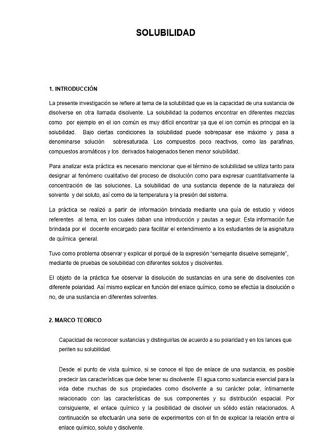Informe Solubilidad Pdf Solubilidad Polaridad Química