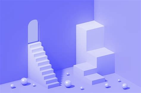 최소한의 추상계단과 큐브 포디움 볼 퍼플 그라데이션 배경 3d 일러스트 3차원 형태에 대한 스톡 사진 및 기타 이미지 3차원