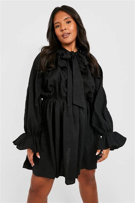 Plus Woven Textured Pussybow Smock Dress Boohoo Uk