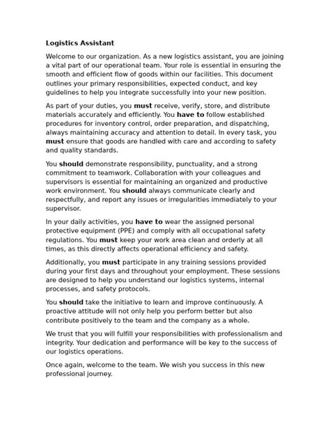 Logistics Assistant Pdf