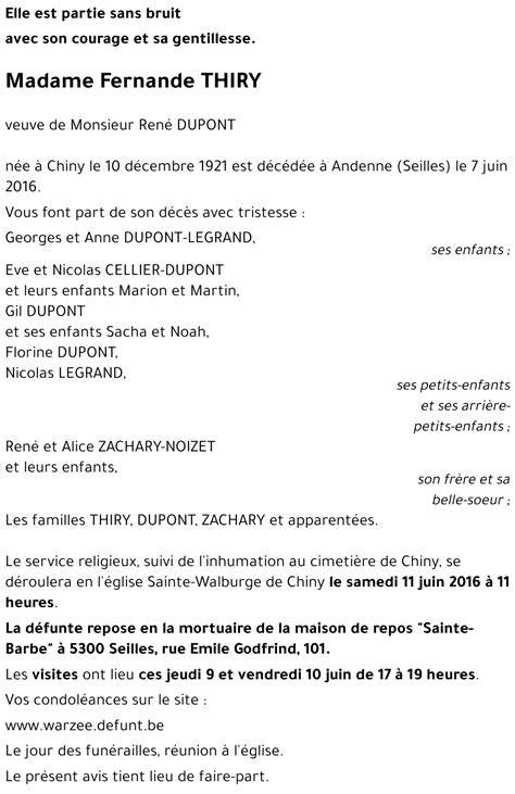 Avis De Décès De Fernande Thiry Décédé Le 07062016 à Seilles