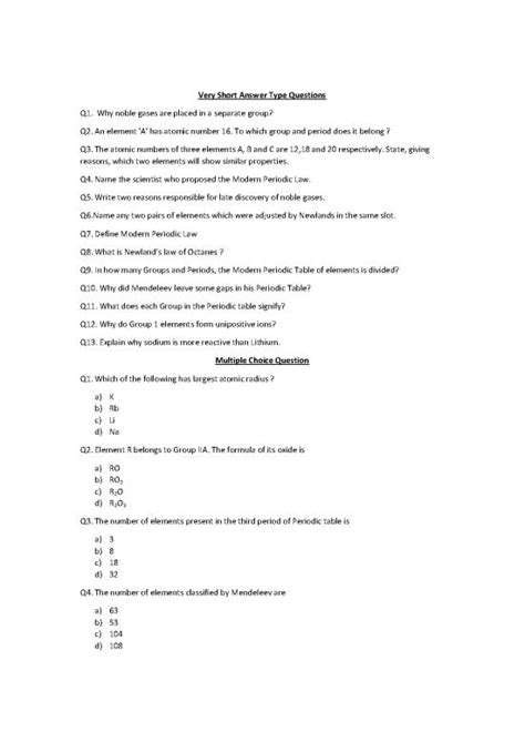 Pdf Printable Periodic Table 195264 Chemistry Class 10th Periodic Classification Of Elements