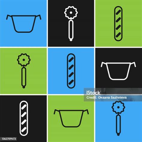 세트 라인 쿠킹 포트 프렌치 바게트 빵과 피자 나이프 아이콘 벡터 강철에 대한 스톡 벡터 아트 및 기타 이미지 강철 금속 날카로운 Istock