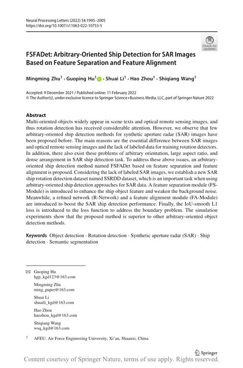 Fsfadet Arbitrary Oriented Ship Detection For Sar Images Based On Feature Separation And