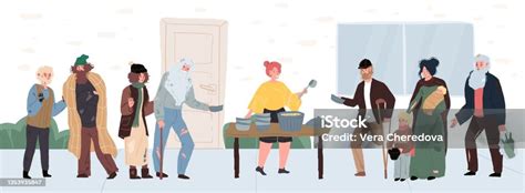 야간 대피소 식당에서 플랫 만화 슬픈 노숙자 캐릭터 글로벌 사회 문제 솔루션 벡터 일러스트 개념 거지에 대한 스톡 벡터 아트 및