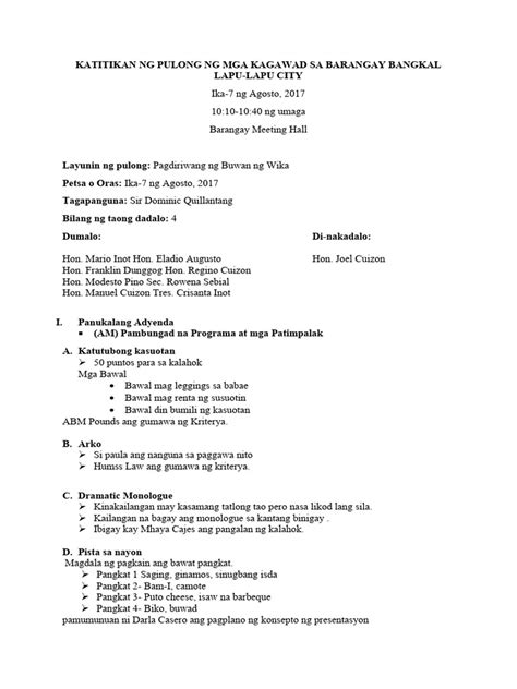 Katitikan Ng Pulong Ng Mga Kagawad Sa Barangay Bangkal Lapu Pdf