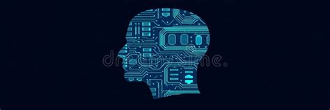 Human Head Silhouette With Integrated Motherboard Patterns And Binary Code On Dark Blue