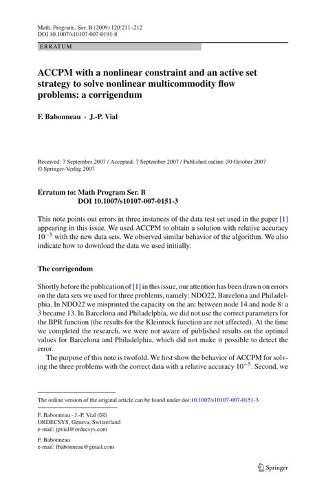 Pdf Accpm With A Nonlinear Constraint And An Active Set Strategy To
