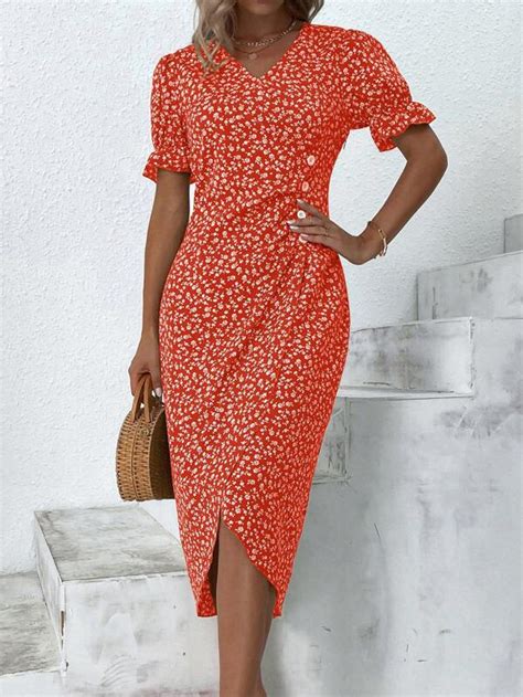 Shein Vcay Ditsy Floral Print Flounce Sleeve Wrap Hem Dress Shein Usa