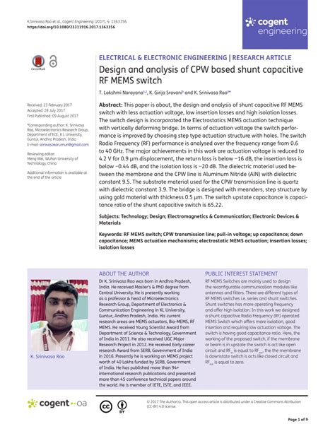 Pdf Design And Analysis Of Cpw Based Shunt Capacitive Rf Mems Switch
