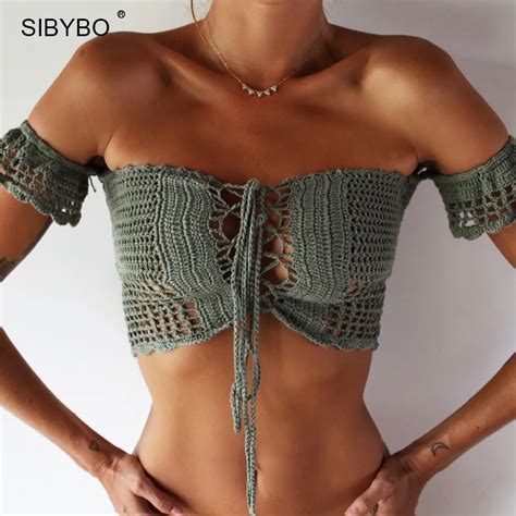 Sibybo Sexy Lace Crop Top 2017 Summer Off Shoulder White Lace Crochet