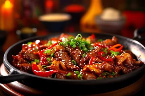 Premium Photo A Sizzling Plate Of Spicy Korean Bulgogi