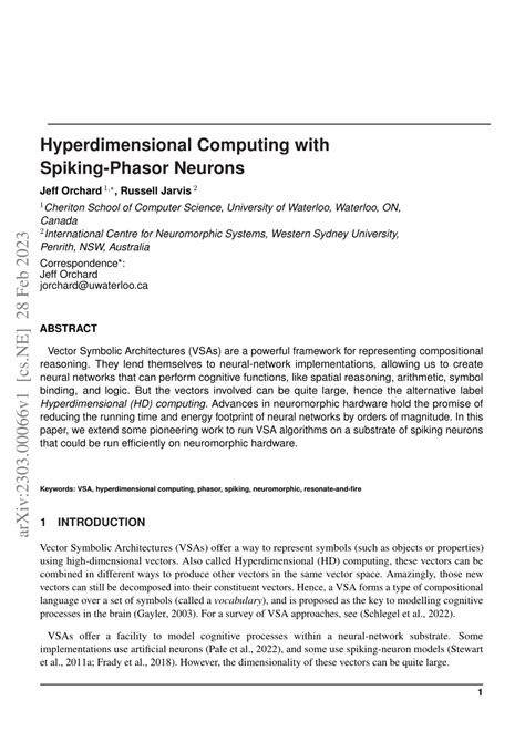 Pdf Hyperdimensional Computing With Spiking Phasor Neurons