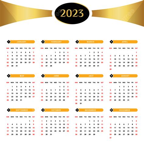 노란색 검은색과 금색의 독특한 기하학적 디자인이 있는 2023년 달력 달력 달력 2023 연간 달력 Png 일러스트 및