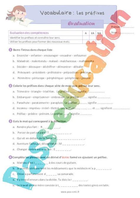 Les préfixes Évaluation de vocabulaire pour le cm1 PDF à imprimer