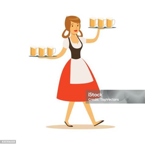 바이에른 전통 의상을 들고 맥주 컵은 쟁반에 옥 토 버 페스트 맥주 축제 벡터 일러스트 레이 션에 예쁜 웨이트리스 옥토버페스트에 대한 스톡 벡터 아트 및 기타 이미지
