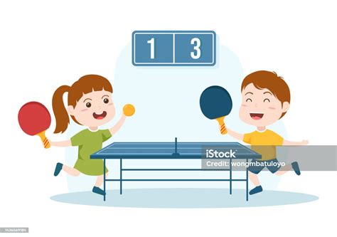 라켓과 탁구 스포츠를 즐기는 귀여운 아이들 플랫 만화 손으로 그린 템플릿 일러스트레이션에서 탁구 게임 경기의 공 건강한 생활방식에 대한 스톡 벡터 아트 및 기타 이미지
