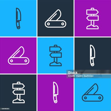 세트 라인 나이프 도로 교통 표지판 및 스위스 군용 칼 아이콘 벡터 강철에 대한 스톡 벡터 아트 및 기타 이미지 강철 거리