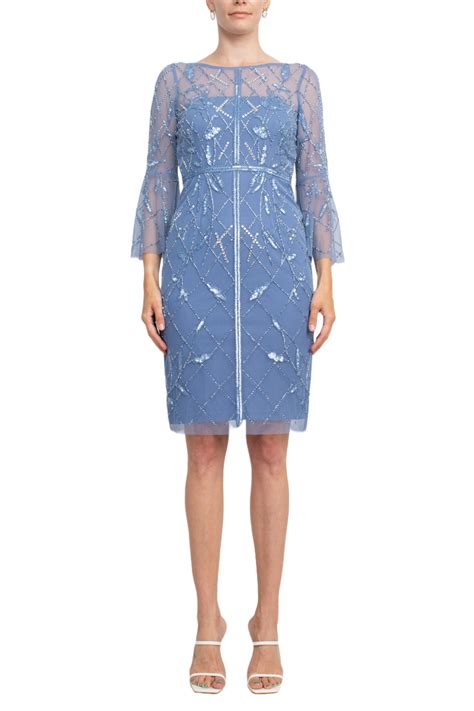 Adrianna Papell Boat Neck Circular Sleeve Beaded Zipper Back Mesh Dres